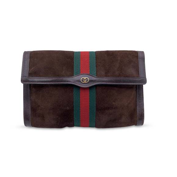 Gucci | Bags | Gucci Vintage Brown Suede Web Flap Cosmetic Bag Clutch ...